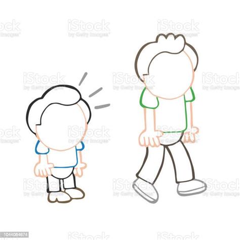 짧은 남자의 손으로 그린 만화 벡터 모양과 키 큰 남자를 부러워 거인에 대한 스톡 벡터 아트 및 기타 이미지 거인 걷기