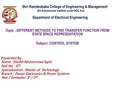 To Find Transfer Function From State Space Representation Pptx