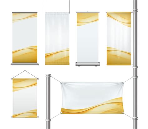 빈 섬유 배너입니다 현실적인 흰색 패브릭 스트레치 포스터 수평 및 수직 광고 및 이벤트 발표 모형 투명 한 배경에 빈 패브릭 광고 플래그입니다 벡터 세트 프리미엄 벡터