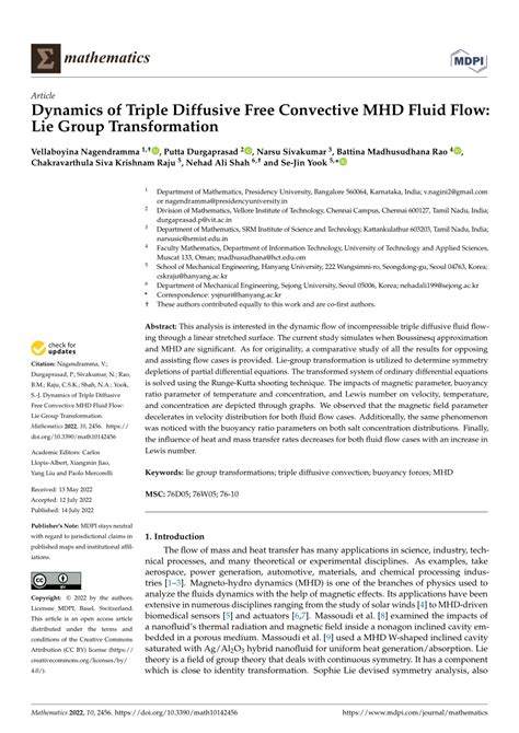 Pdf Dynamics Of Triple Diffusive Free Convective Mhd Fluid Flow Lie Group Transformation