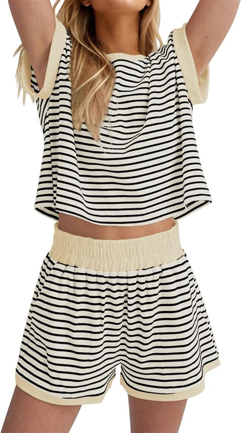 Burtell Women Summer 2 Piece Lounge Sets Striped Short Sleeve Tee