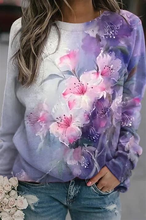 Floral Print Gradient Color O Neck Long Sleeves Sweatshirt Ivyalpha