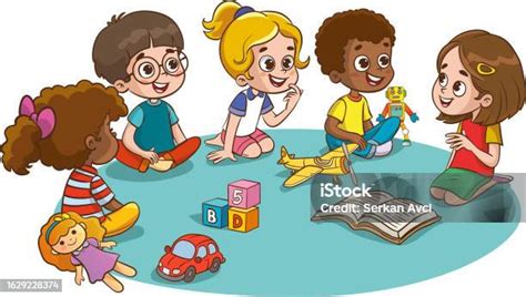 유치원 방에서 교육용 게임을 하는 아이들 유치원에서 함께 이야기하는 아이들 텍스트의 위치가 있는 포스터 아이들과 함께하는 놀이방 교습에 대한 스톡 벡터 아트 및 기타 이미지