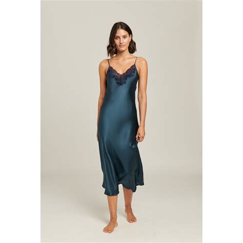 Pure Silk Long Chemisenightdress With Deep Lace In Orion Blue For