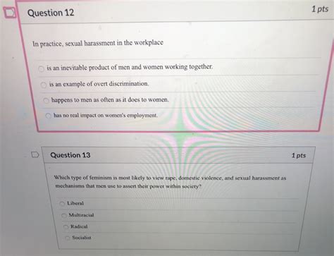 solved 1 pts question 1 sexual harassment is a form of overt