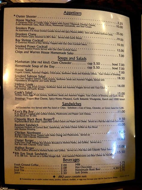 Menu At Warren House Pub Cannon Beach