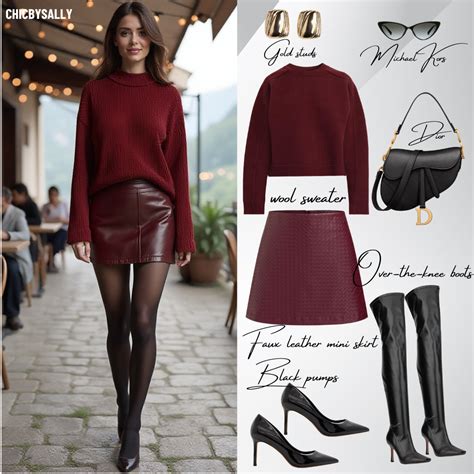 Burgundy Trend Alert Burgundy Wool Sweater With Leather Mini Skirt
