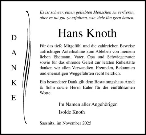 Traueranzeigen Von Hans Knoth Trauer Anzeigende