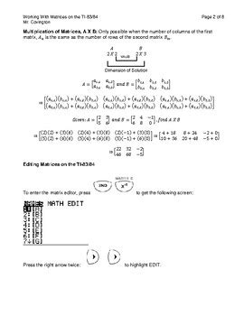 Working With Matrices On TI Graphing Calculator TPT