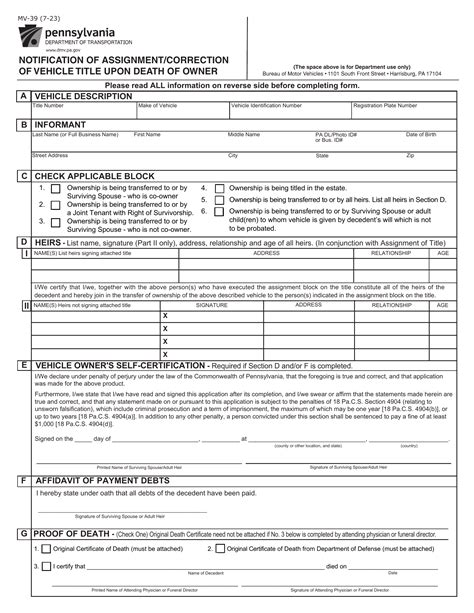 Pa Dmv Form Mv 39 Notification Of Assignment Correction Of Vehicle