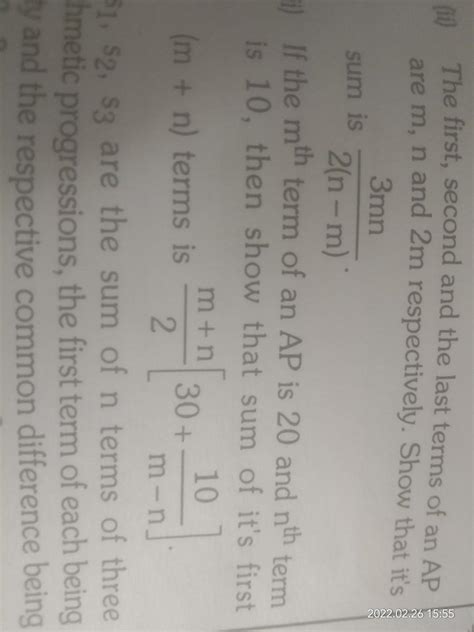 i if the mth term of an ap is 20 and nth term is 10 then show that sum of it s first 10 m n