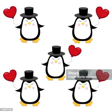 원활한 펭귄 패턴입니다 하트 모양의 풍선이 있는 모자를 쓴 귀여운 펭귄 벡터 그림입니다 카와이 스타일 가공의 인물에 대한 스톡 벡터 아트 및 기타 이미지 Istock