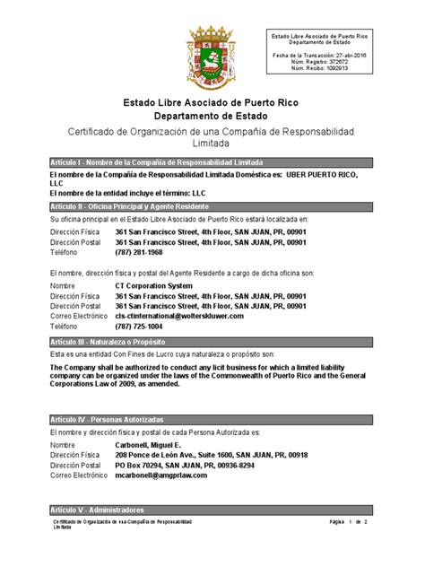 Uber Puerto Rico Certificado De Incorporación Como Llc