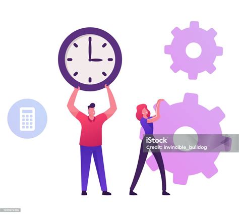 거대한 시계를 들고 사업가 비즈니스 여자 이동 톱니 바퀴 메커니즘입니다 시간은 돈 대출 재융자 및 투자 개념에 반환입니다 시간 관리 프로세스 만화 평면 벡터 일러스트