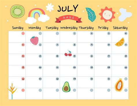 Colorful July 2026 Calendar For Events And Plans 72367512 Vector Art At