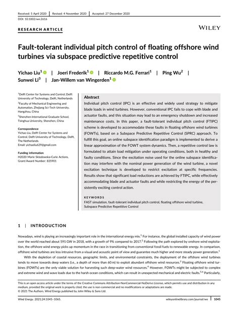 Pdf Fault‐tolerant Individual Pitch Control Of Floating Offshore Wind Turbines Via Subspace