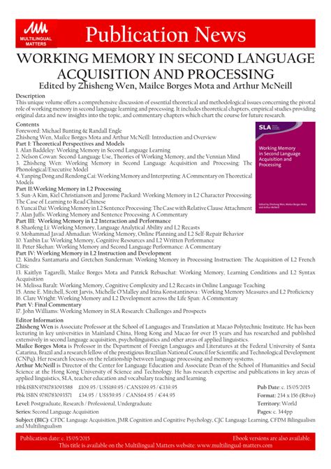 Pdf Working Memory In Second Language Acquisition And Processing