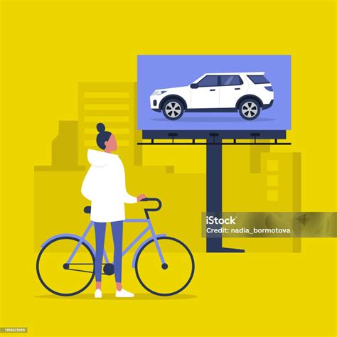 자동차 딜러 광고 타겟 오디언스 미디어 캠페인으로 광고판을 바라보는 젊은 여성 캐릭터 간판에 대한 스톡 벡터 아트 및 기타 이미지 간판 도시 마케팅 Istock