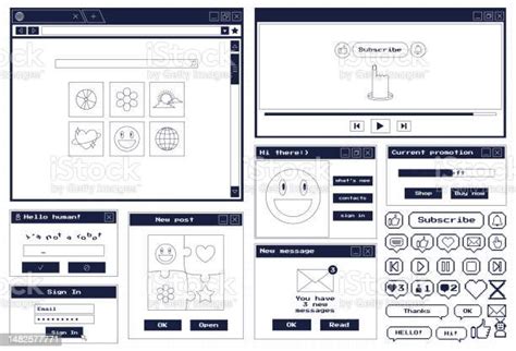 복고풍 데스크톱 브라우저 및 대화 상자 창의 큰 집합입니다 귀여운 80년대 90년대 오래된 컴퓨터 사용자 인터페이스 요소와 빈티지 미적 아이콘 향수를 불러일으키는 복고풍