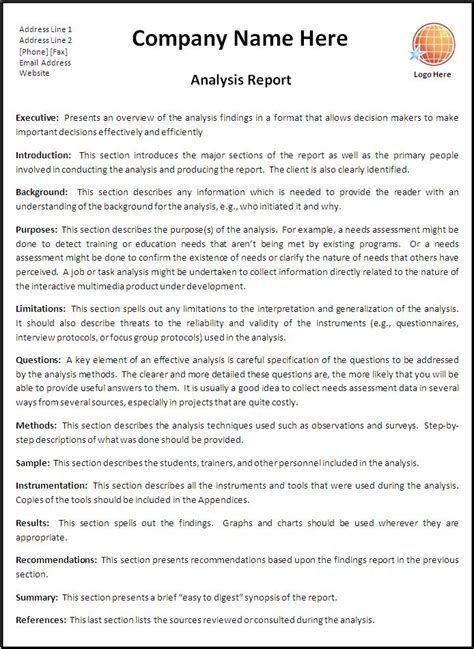 Analysis Report Template Free Word Templates