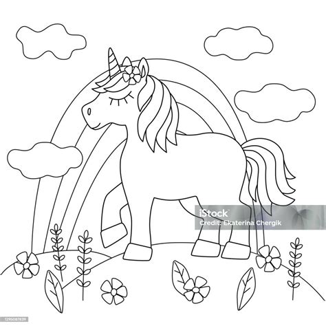 초원에 아름다운 유니콘을 가진 아이들을위한 색칠 공부 귀여운 조랑말 무지개와 구름 어린이 그리기 간단한 모양과 윤곽 0명에 대한 스톡 벡터 아트 및 기타 이미지 Istock