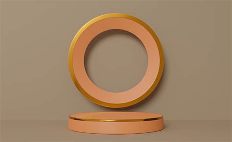 오렌지 연단은 비어 있고 현대적인 무대 디스플레이 및 미니멀리스트 모형 추상 쇼케이스 배경 개념 3d 그림 또는 3d 렌더링을 위한 갈색 구성의 기하학적 모양이 있는 공 0