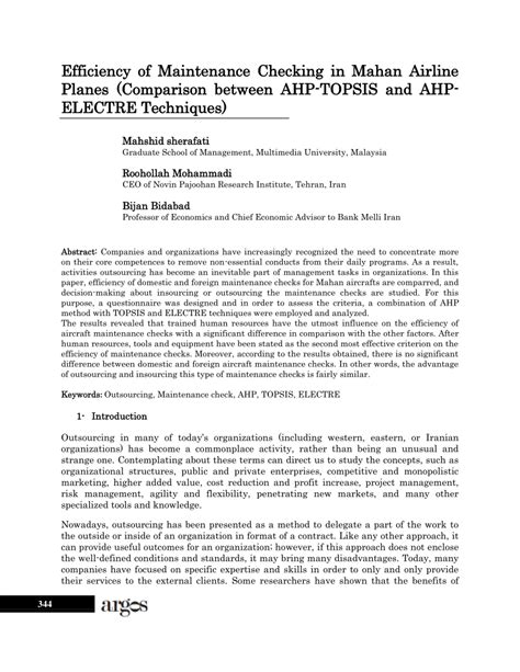Pdf Efficiency Of Maintenance Checking In Mahan Airline Planes Comparison Between Ahp Topsis