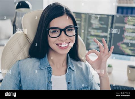Portrait Of Attractive Cheerful Girl Geek Technician Leader Showing Ok