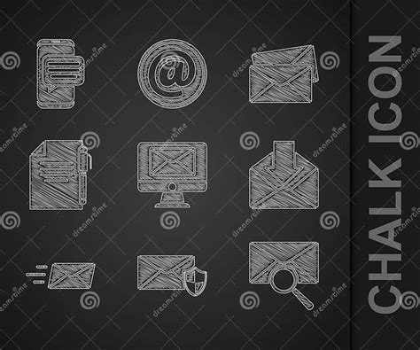 Set Monitor And Envelope Envelope With Shield Magnifying Glass Express Document Pen And