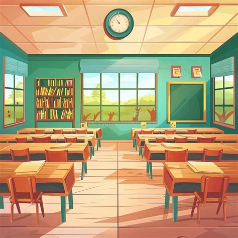 Colorful Cartoon Classroom Background With Desks And Chairs In Animated Style Stock Illustration