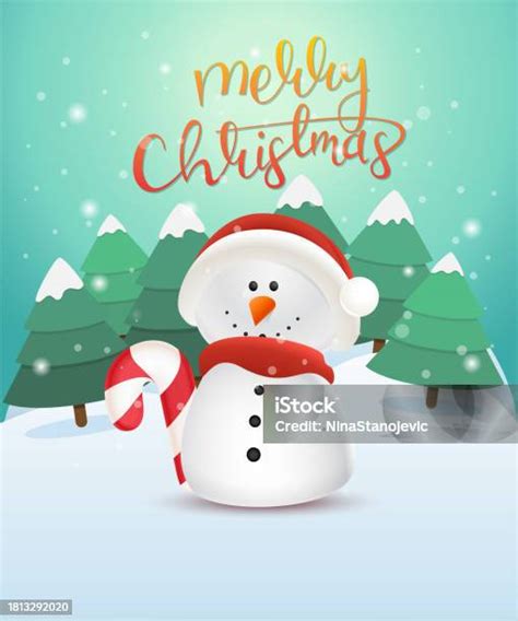 사탕 지팡이를 들고 귀여운 눈사람이 있는 메리 크리스마스 인사말 카드 디자인입니다 벡터 일러스트 레이 션입니다 눈사람에 대한