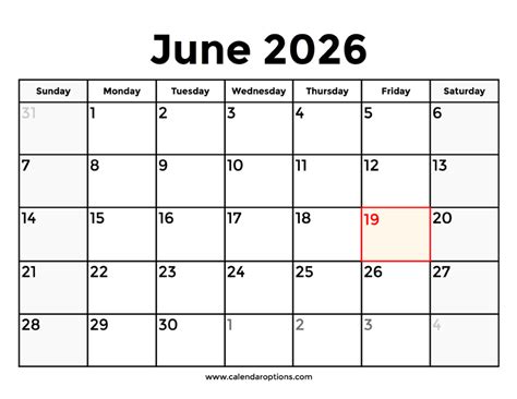 June 2026 Calendar With Holidays Calendar Options