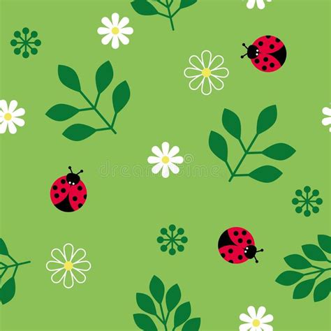Seamless Repeating Illustration Floral Pattern Leaves Flowers Ladybug