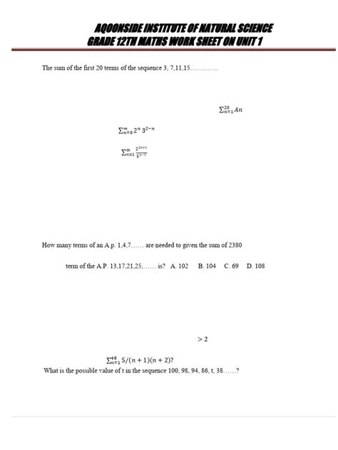 Grade 12 Maths Unit 1 Work Sheet Pdf Mathematical Analysis