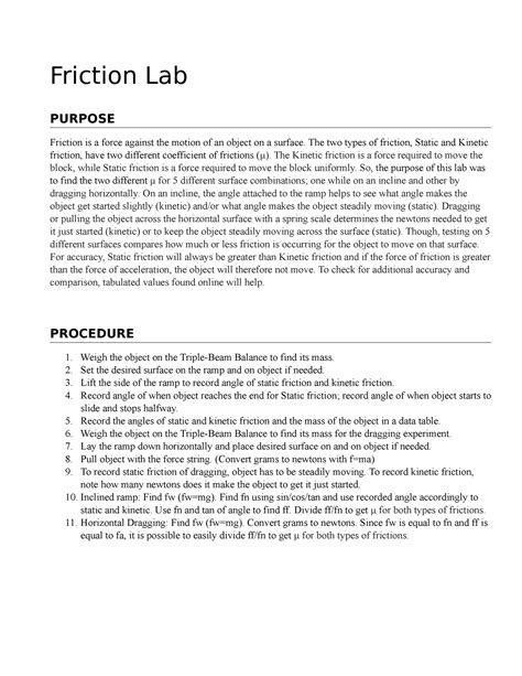 Physics Friction Lab Friction Lab PURPOSE Friction Is A Force Against