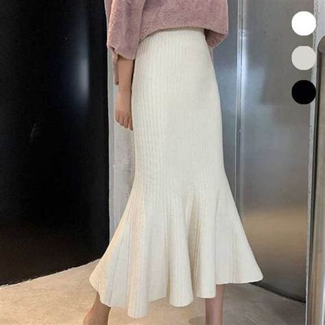 슬림 밴딩 골지 니트 롱스커트 화이트 크림 블랙 하단 플레어 인어라인 여자 여성 봄 가을 데일리 머메이드 롱치마