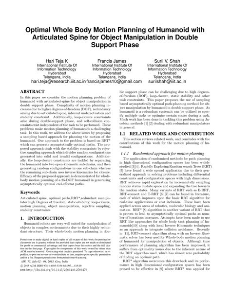 PDF Optimal Whole Body Motion Planning Of Humanoid With Articulated Spine For Object