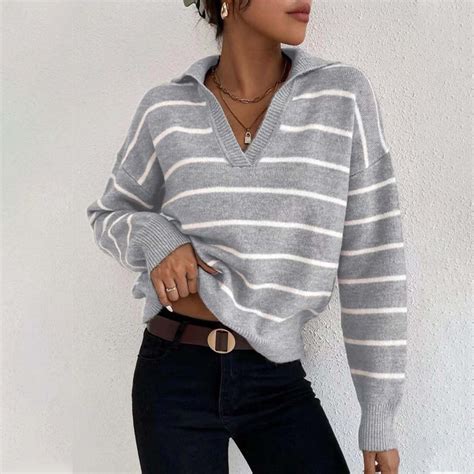 Xwshyw Sweater For Women Fashion Striped Print Long Sleeve Sweater