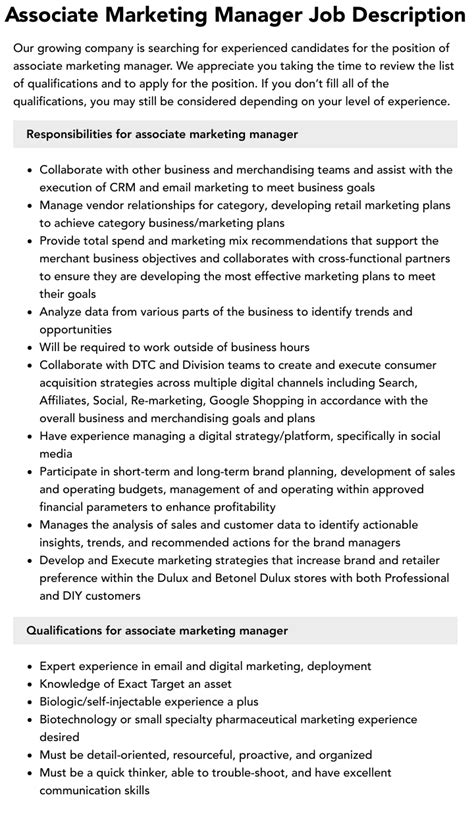 Associate Marketing Manager Job Description Velvet Jobs