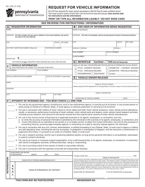 Pa Dot Form Dl 135 Request For Vehicle Information Forms Docs 2023