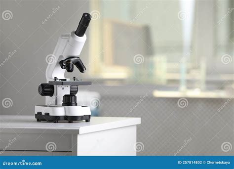 Modern Medical Microscope On Lab Drawer Indoors Space For Text Laboratory Equipment Stock