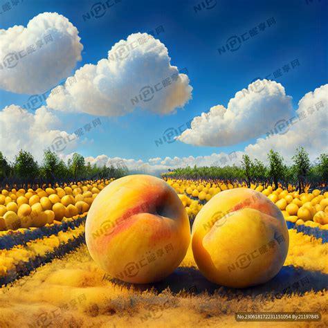 Ai创作图黄桃 蓝天白云 丰收的季节 果园 昵图网