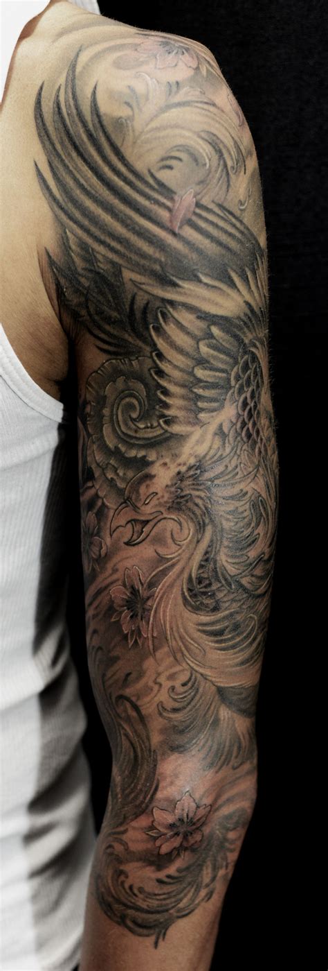 Phoenix Tattoo Black And Grey Phoenix Half Sleeve Tattoo Men Phoenix