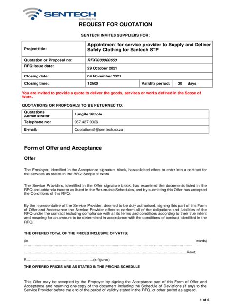 Fillable Online REQUEST FOR QUOTATION Form Of Offer And Acceptance Fax Email Print PdfFiller