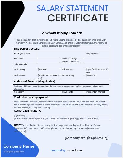 Employee Salary Statement Certificate Templates Download