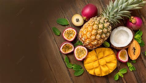 나무 테이블에 열대 과일 열대 과일 파인애플 열정 과일 배경 일러스트 및 사진 무료 다운로드 Pngtree