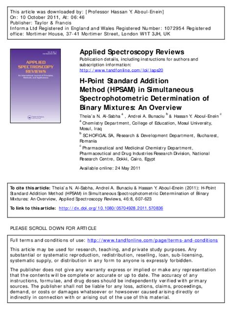 Pdf H Point Standard Addition Method Hpsam In Simultaneous Spectrophotometric Determination