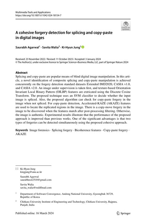 Pdf A Cohesive Forgery Detection For Splicing And Copy Paste In Digital Images