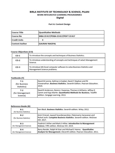 Mba Zc417 Quantitative Methods Course Handout Pdf Probability