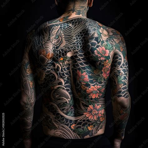 Traditional Japanese Yakuza Tattoo With Flowers And Dragon Generative